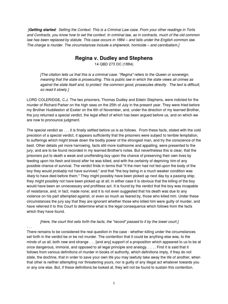 Regina v. Dudley and Stephens | PDF | Murder | Precedent