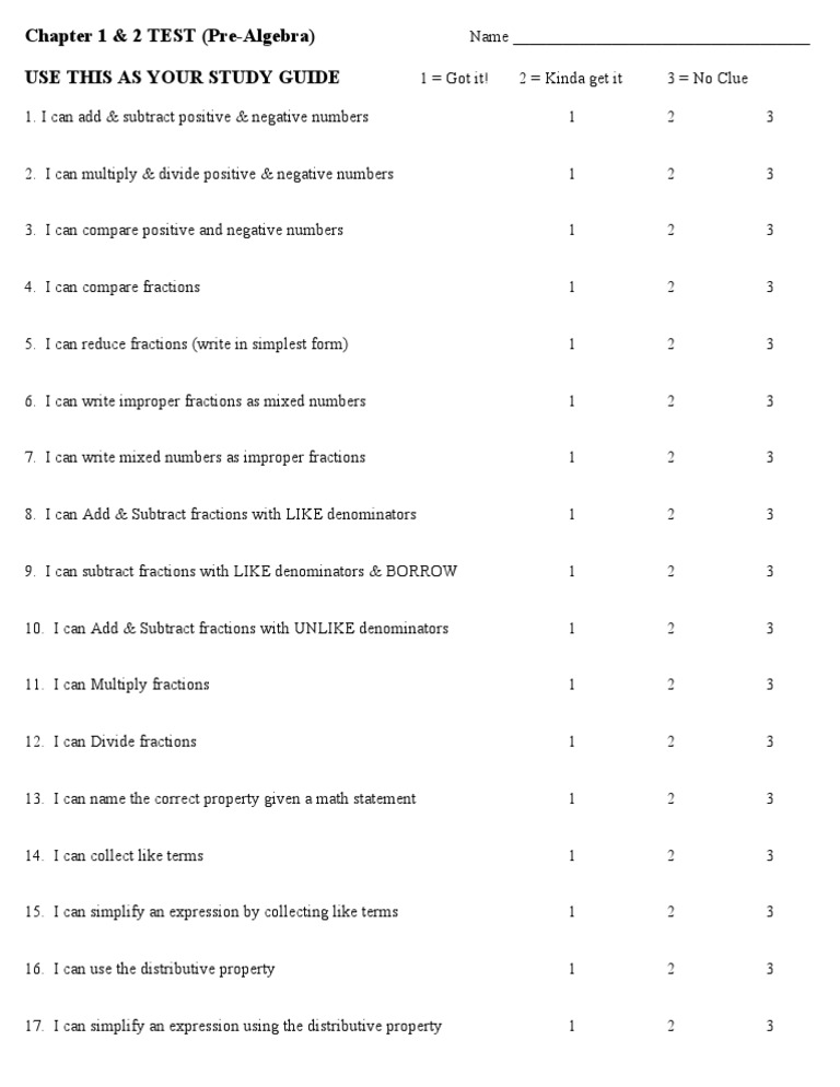 Chapter 1 & 2 TEST (Pre-Algebra) Use This As Your Study Guide | PDF
