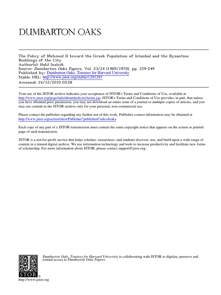 INALCIK, H., The Policy of Mehmed II Toward The Greek Population of ...
