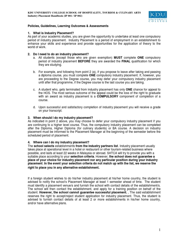 SHTCA Industry Placement Handbook-Updated | PDF | Academic Degree | Diploma