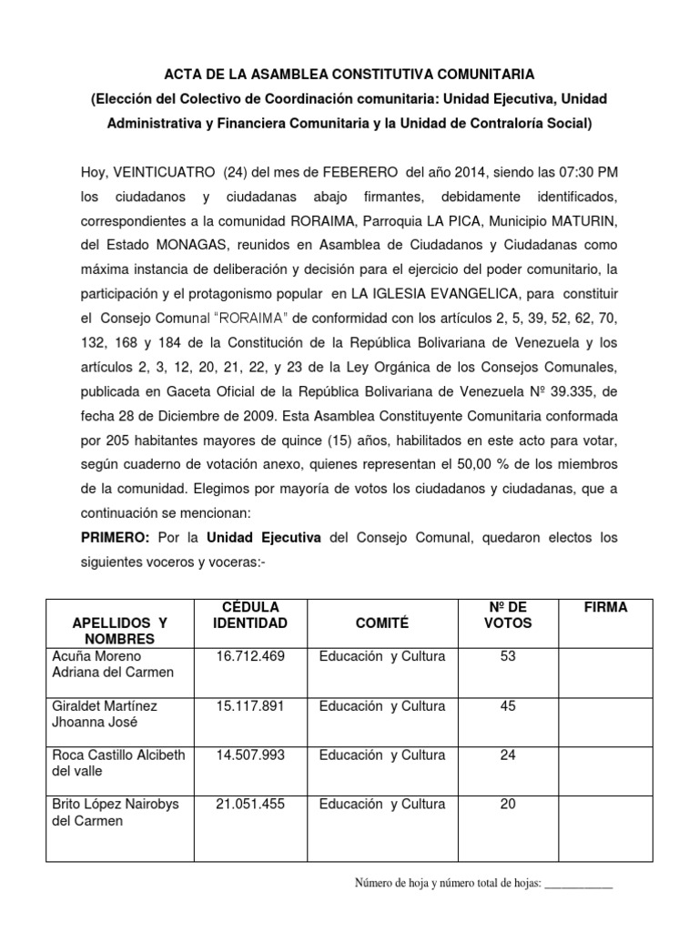 Acta Asamblea Constitutiva Comunitaria Roraima Taquilla Unica Pdf