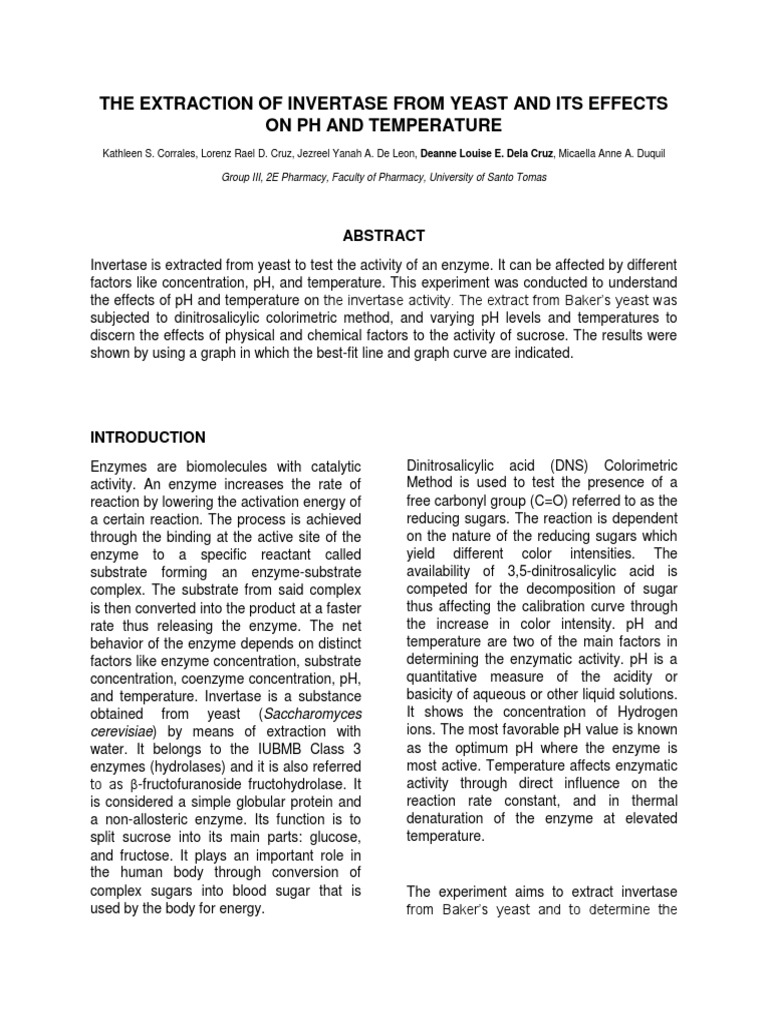 The Extraction of Invertase From Yeast and Its Effects On PH and ...