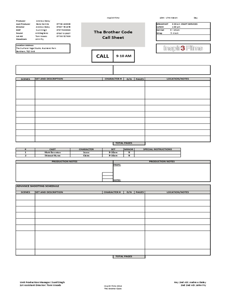 Film Crew Call Sheet | PDF