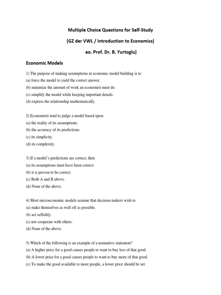 Multiple Choice Questions For Self Study | PDF | Supply (Economics ...