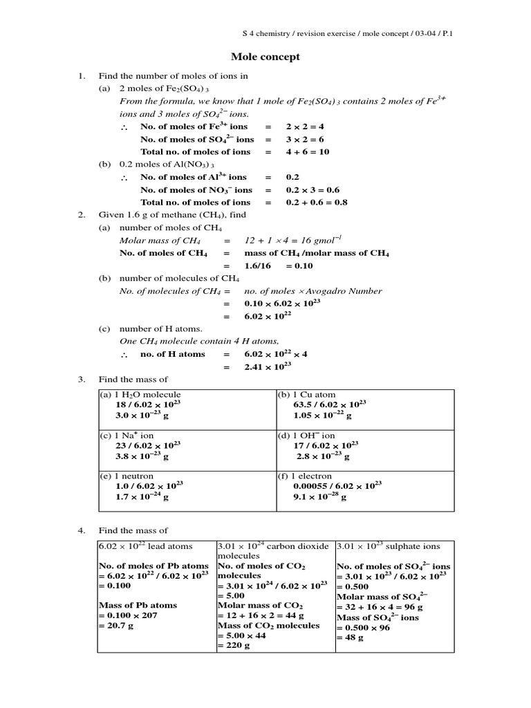 Mole Concept Practice and Solutions | PDF | Mole (Unit) | Molar ...