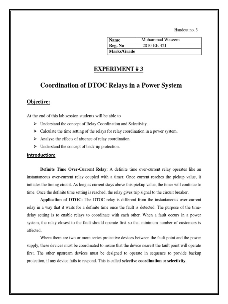 DTOC Relay Coordination Lab | PDF | Relay | Electric Power System