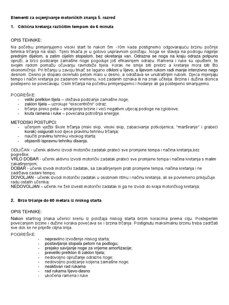 Elementi Za Ocjenjivanje Motoričkih Znanja 5.razred | PDF