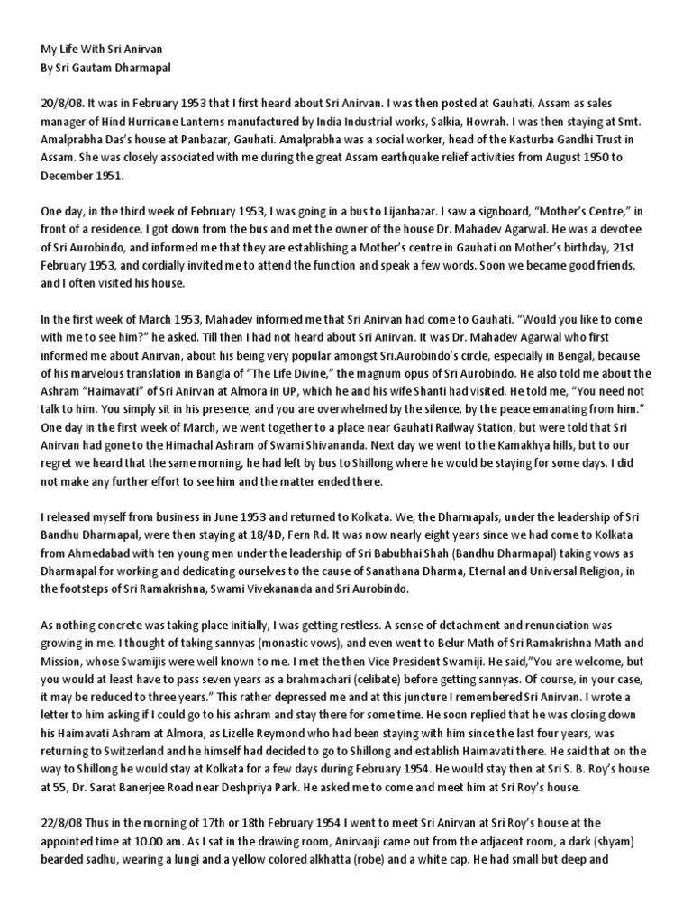 My Life With Sri Anirvan - Gautam Dharmapal | PDF | Sri Aurobindo ...