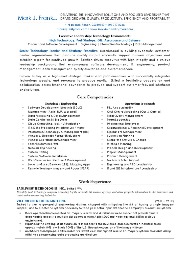 VP Software Engineering Technology in Denver CO Resume Mark Frank | PDF ...
