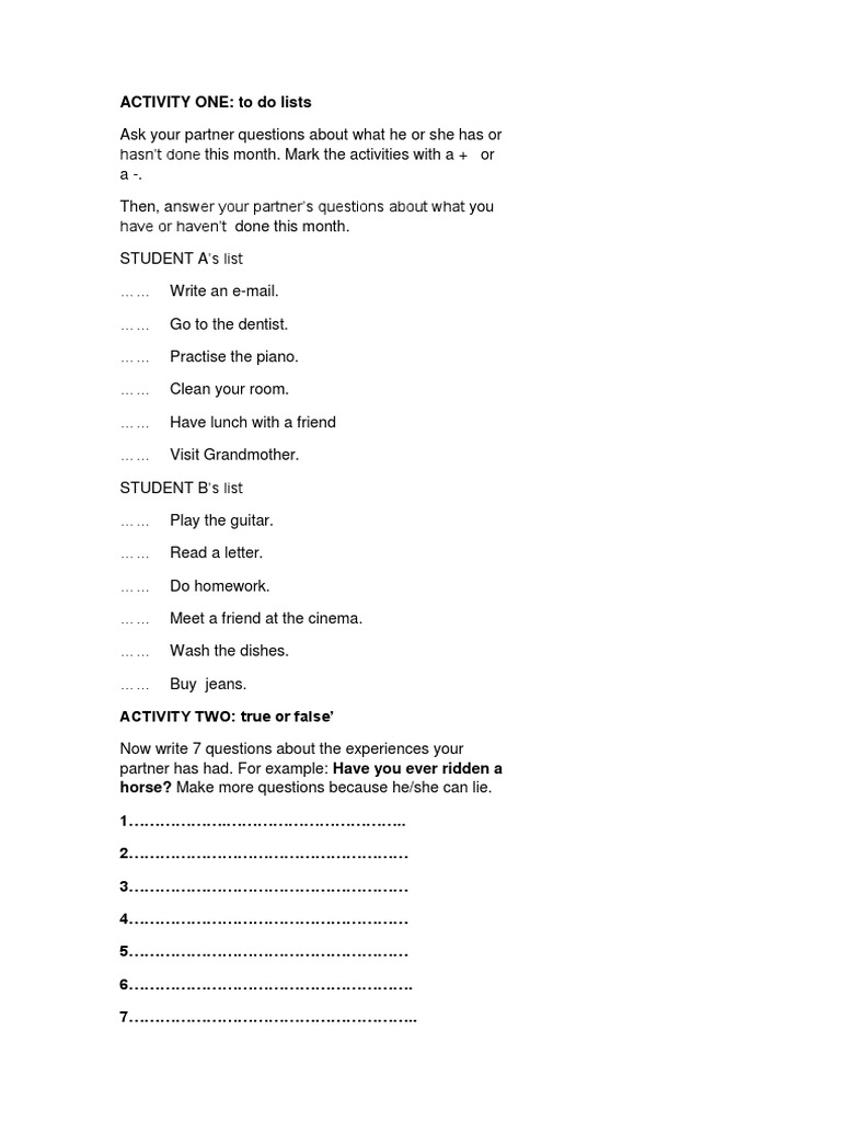 Present Perfect Speaking Activities | PDF | Career & Growth | Self ...