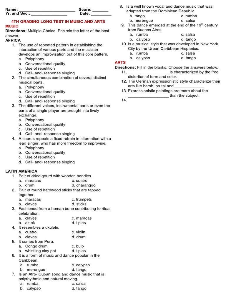 Music & Arts Test for Students | PDF