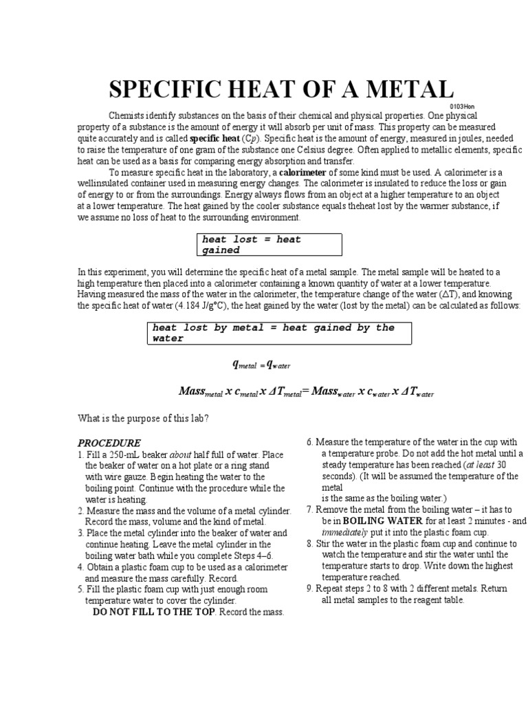 Specific Heat of Metals | PDF | Heat Capacity | Heat