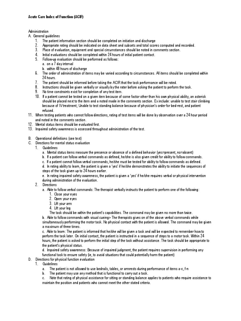 Acute Care Index of Function | PDF | Wheelchair | Physical Therapy