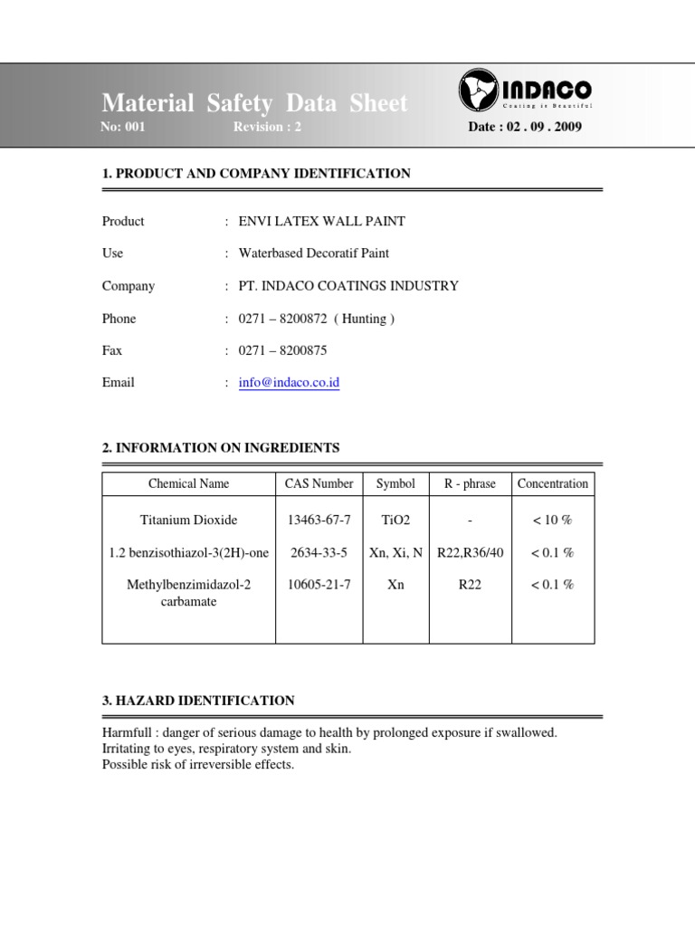 Envi Latex Wall Paint MSDS | PDF | Chemistry | Materials