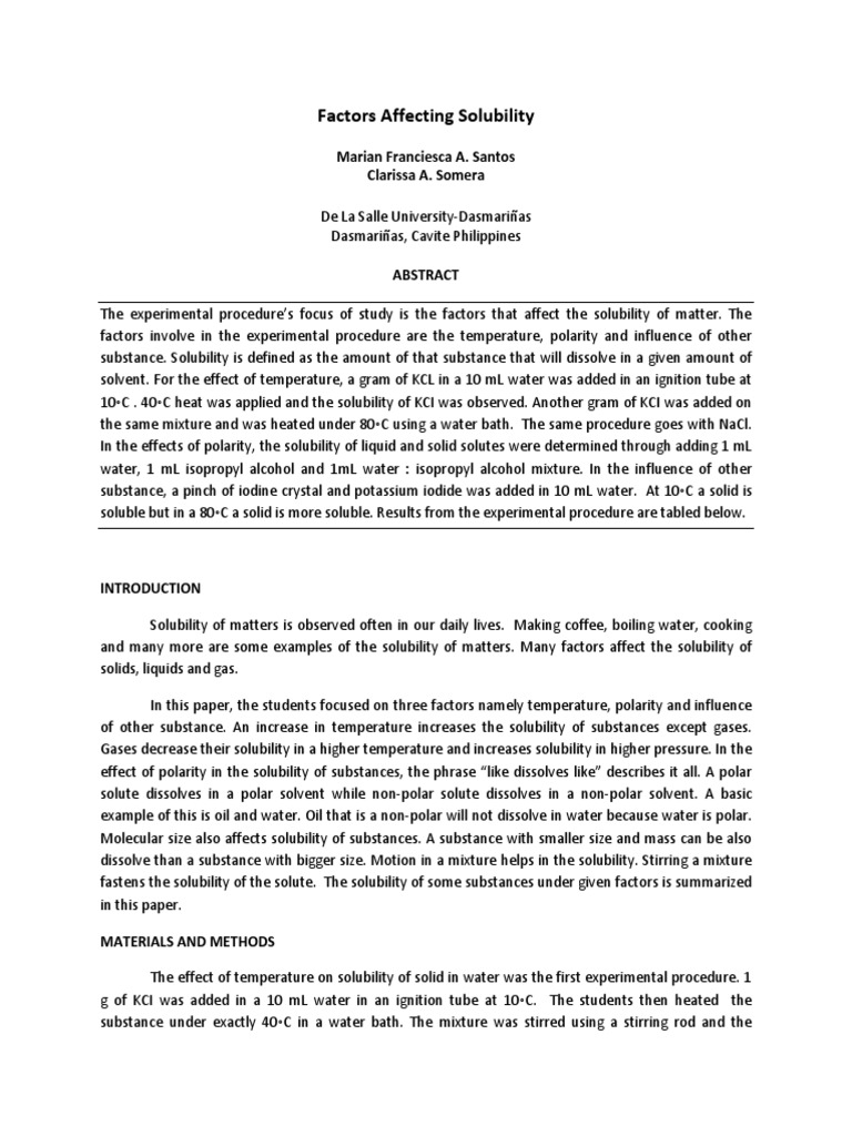Factors Affecting Solubility | PDF | Solubility | Solution