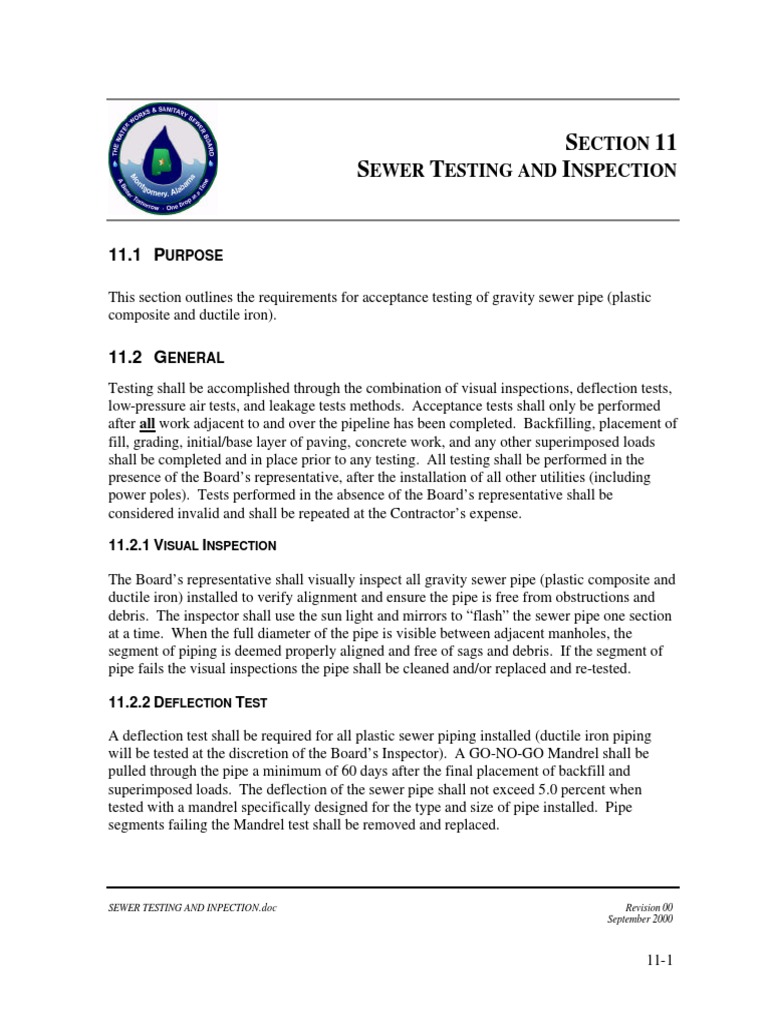 MWWSSB 11 Sewer TesRTRting and Inpection | PDF | Sanitary Sewer | Pipe ...