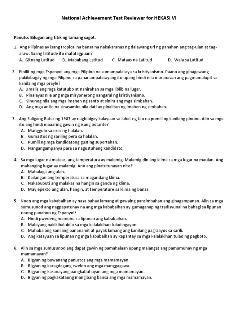 National Achievement Test Reviewer For HEKASI VI | PDF