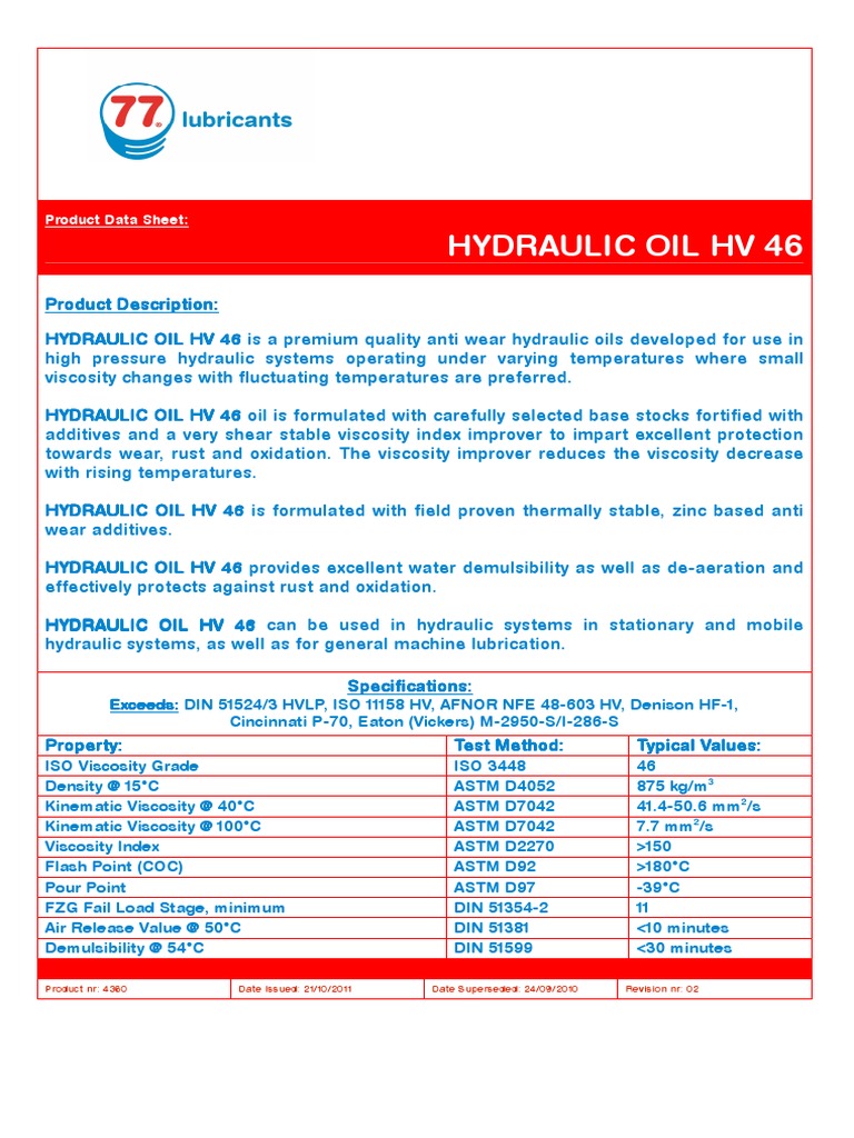 Hydraulic Oil HV 46: Product Data Sheet | PDF | Film Speed | Viscosity