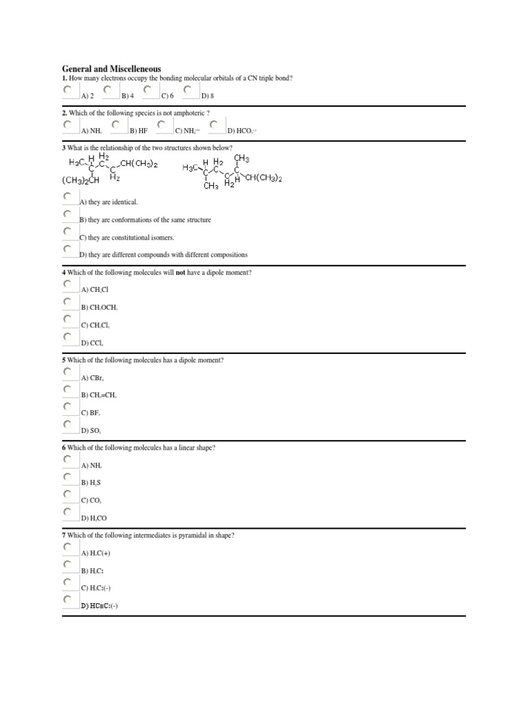 General Chemistry Multiple Choice Quiz | PDF | Covalent Bond | Chemical ...