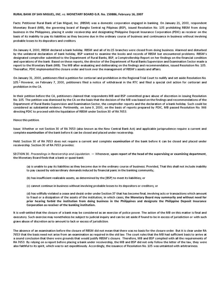 Rural Bank of San Miguel vs. MB Digest | PDF | Bankruptcy | Receivership