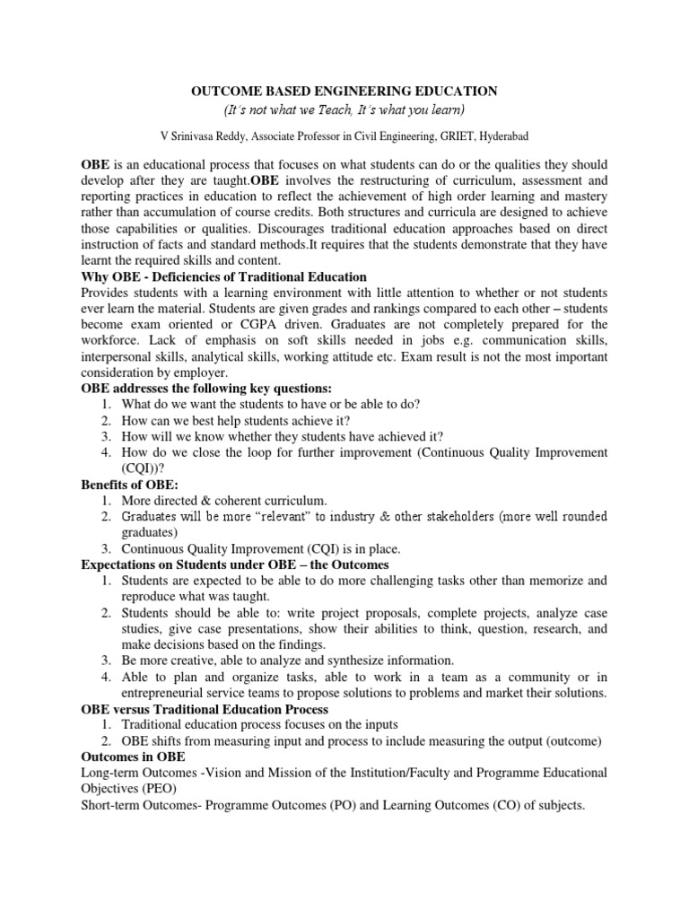 Outcome Based Engineering Education | PDF | Curriculum | Learning