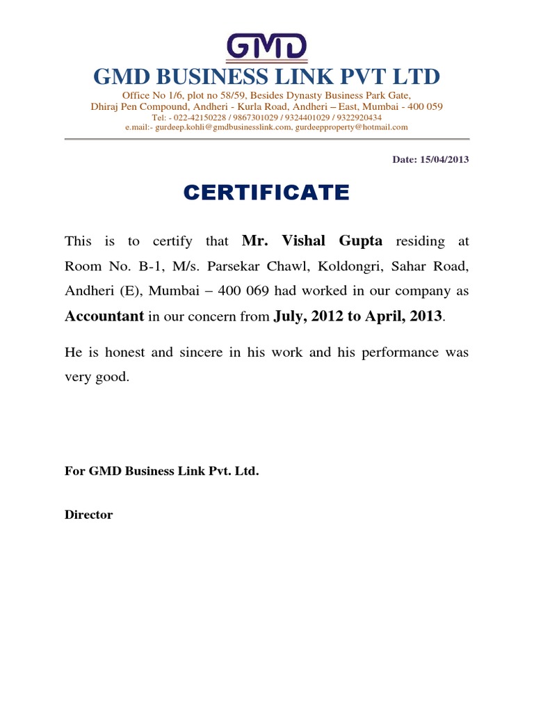 Experience Certificate | PDF | Business