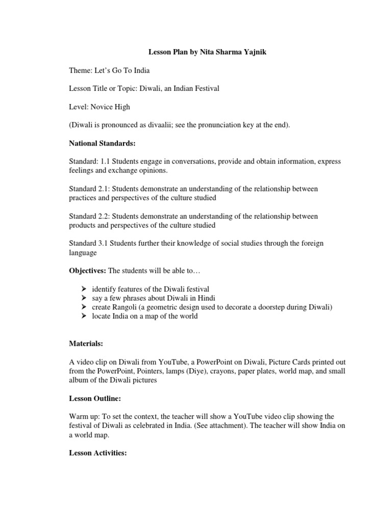 Lesson Plan On Diwali | Download Free PDF | Lesson Plan | Languages