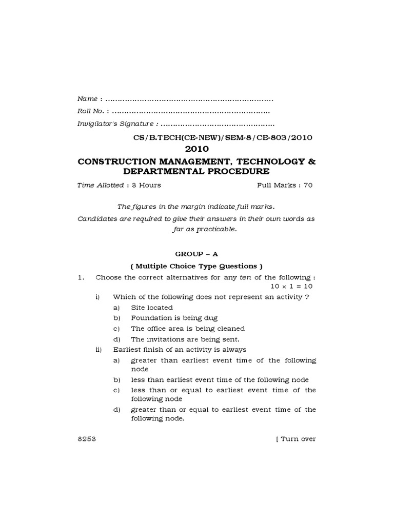 Construction Planning and Management Question Papers of Wbut 2011 | PDF ...