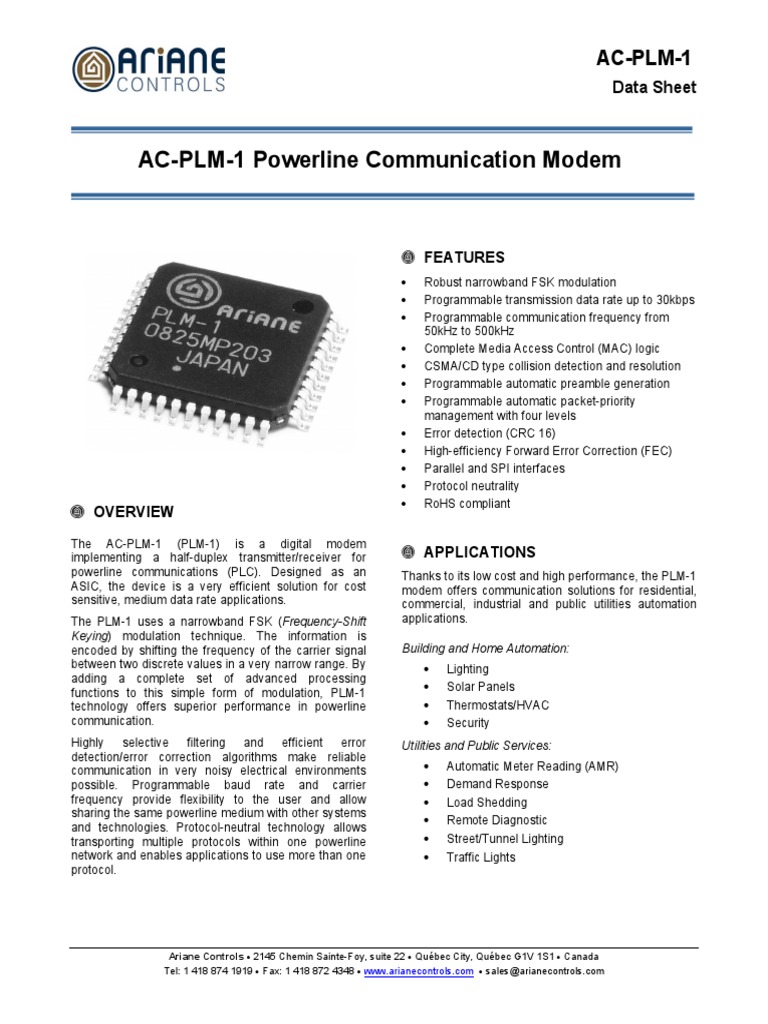 PLC-1 Data Sheet | Modulation | Modem