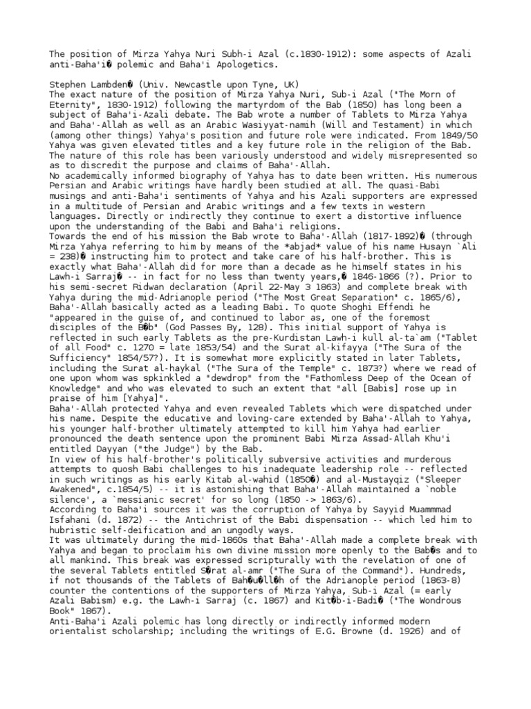 The Position of Mirza Yahya Nuri Subh-I-Azal | PDF | Monotheism | Bahá ...