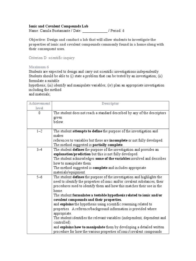 Ionic vs Covalent Compounds Lab | PDF | Ionic Bonding | Chemical Compounds