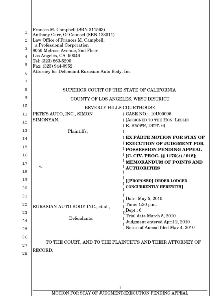 06 Ex Parte App To Stay Judgment | PDF | Leasehold Estate | Lease