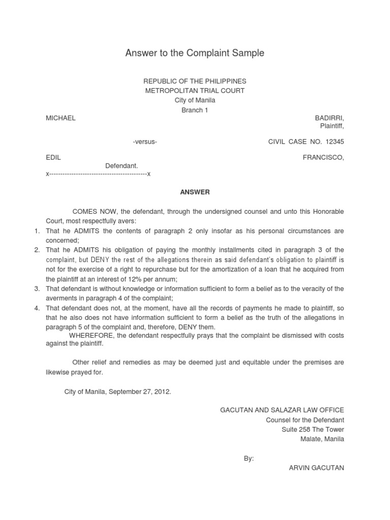 Sample Answer to Complaint Philippines | PDF