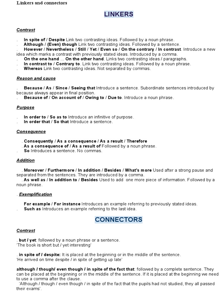 Essential Linkers and Connectors Guide | PDF | Sentence (Linguistics ...