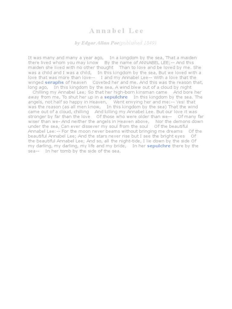 Annabel Lee by Edgar Allan Poe (Published 1849) | PDF | Poetry