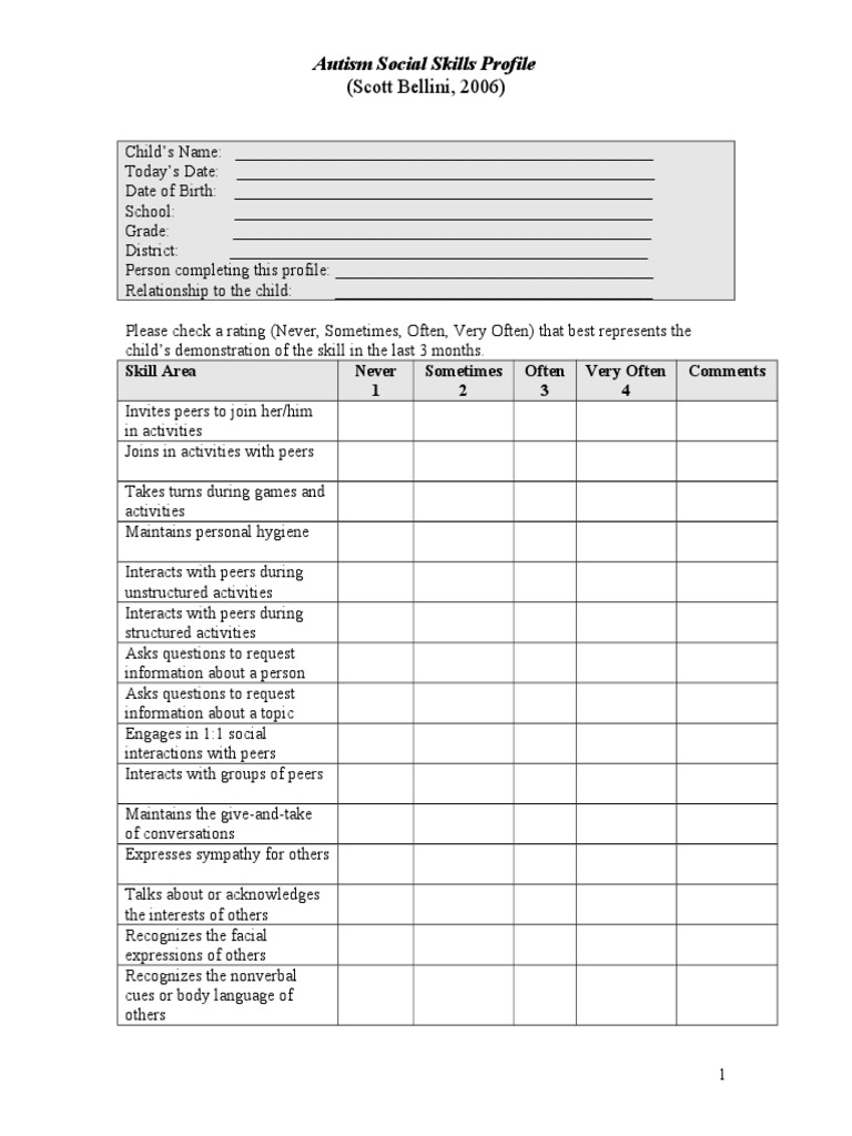 Autism Social Skills Profile Scott Bellini | PDF | Behavioural Sciences ...