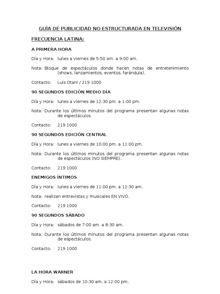 Programación de Televisión Peruana | PDF | Programacion de television | Radiodifusión