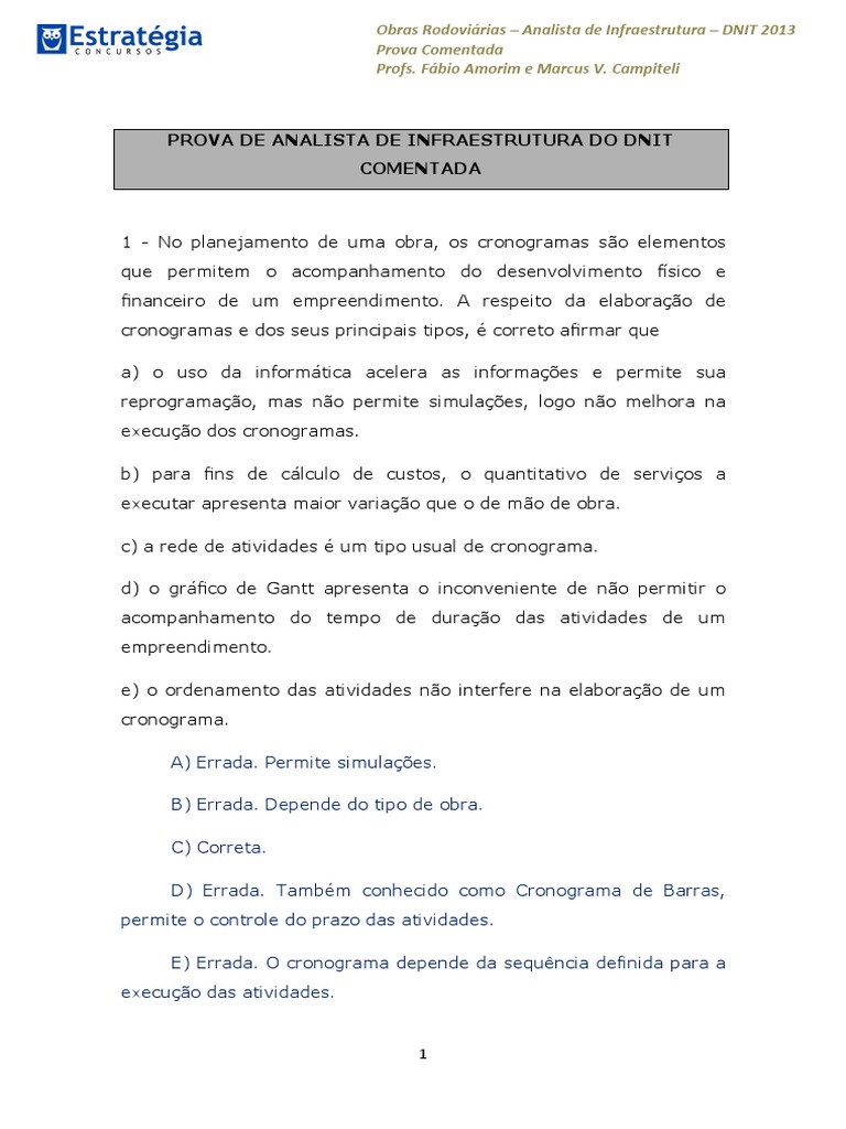 Prova Comentada Analista Dnit 2013 | PDF | Asfalto | Cimento