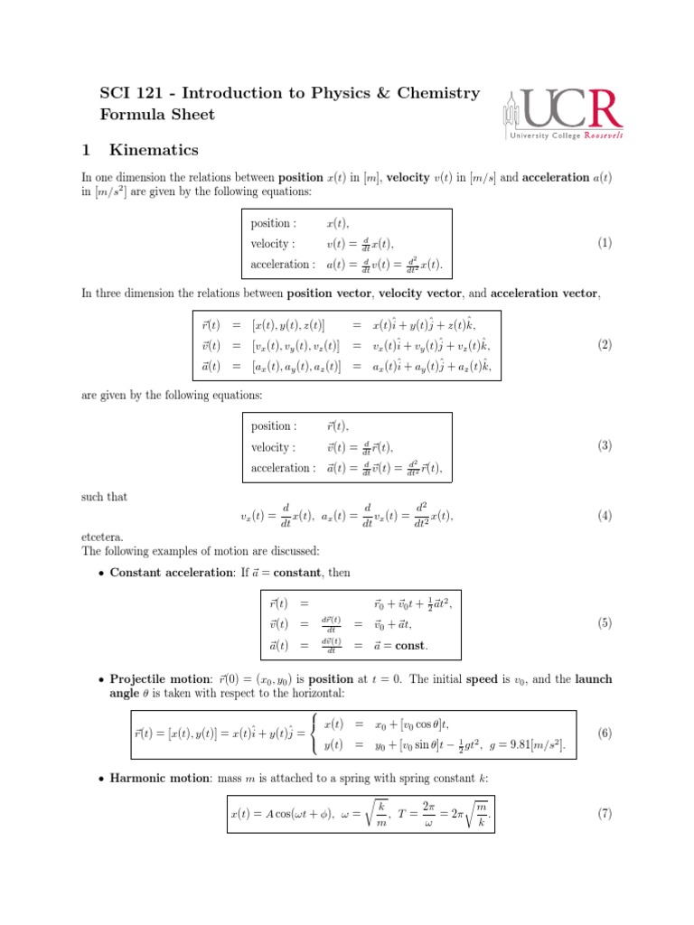 SCI 121 - Introduction To Physics & Chemistry Formula Sheet 1 ...