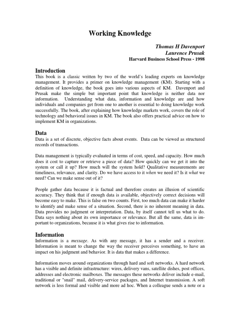 Working Knowledge: Thomas H Davenport Laurence Prusak | PDF | Knowledge ...