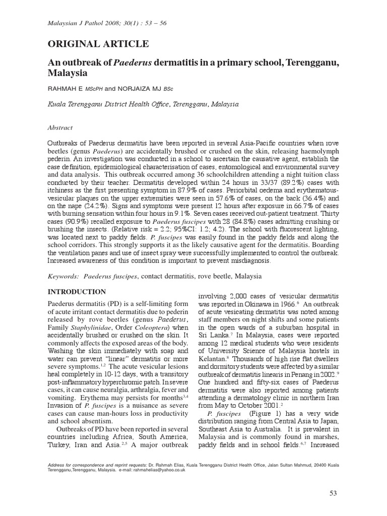 Paederus Dermatitis Outbreak in Malaysia | PDF | Dermatitis | Clinical ...