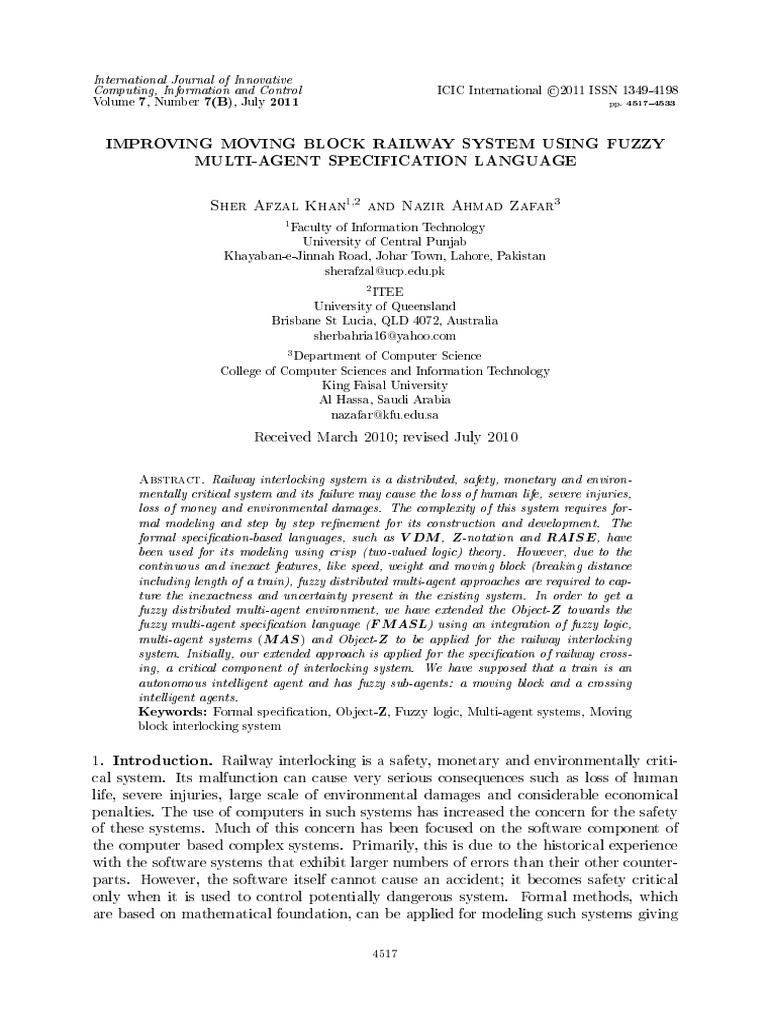 Improving Moving Block Railway System Using Fuzzy Multi-Agent ...