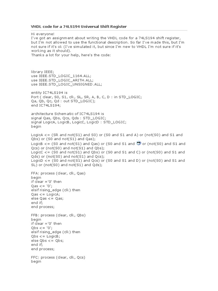 VHDL Code For A 74LS194 Universal Shift Register | PDF | Vhdl | Digital ... VHDL Code For A 74LS194 Universal Shift Register | PDF | Vhdl | Digital ...