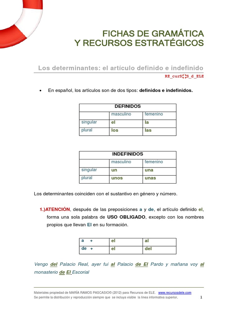 Ficha de Gramática Determinantes Artículo Definido e Indefinido | PDF ...