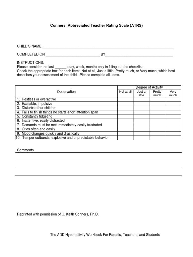 Conners' Abbreviated Teacher Rating Scale | PDF