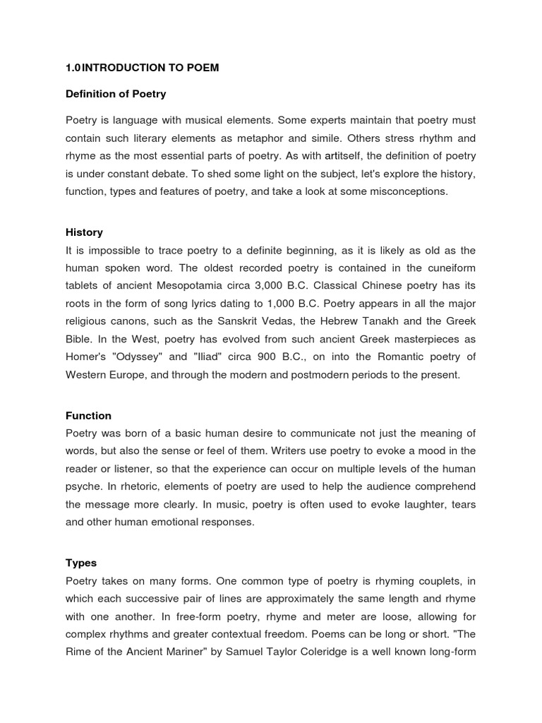 1.0 Introduction To Poem Definition of Poetry | PDF | Poetry