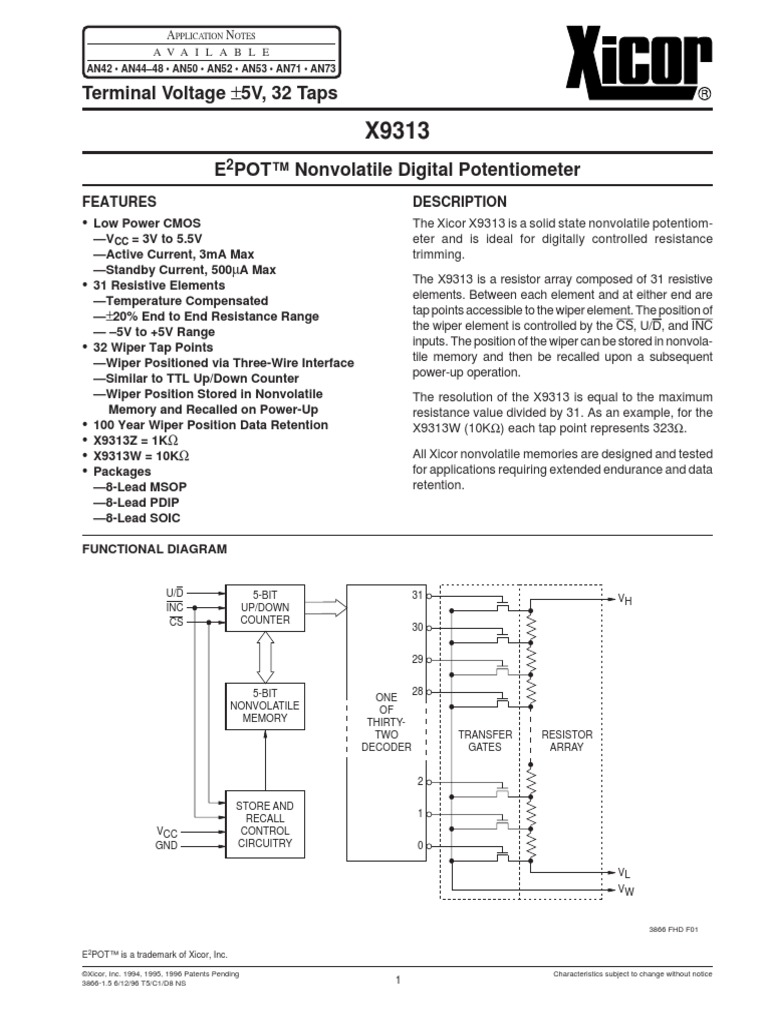 X9313 Terminal Voltage 5V, 32 Taps: Available | PDF | Resistor | Linearity