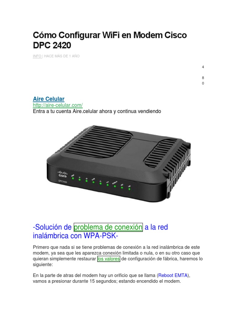 Cómo Configurar WiFi en Modem Cisco DPC 2420 | PDF | Módem | Contraseña