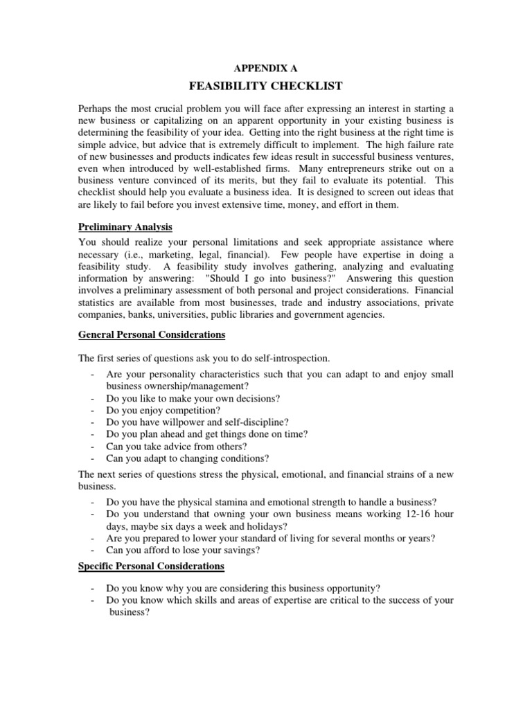 Feasibility Study Checklist Guide | PDF | Profit (Economics) | Market ...