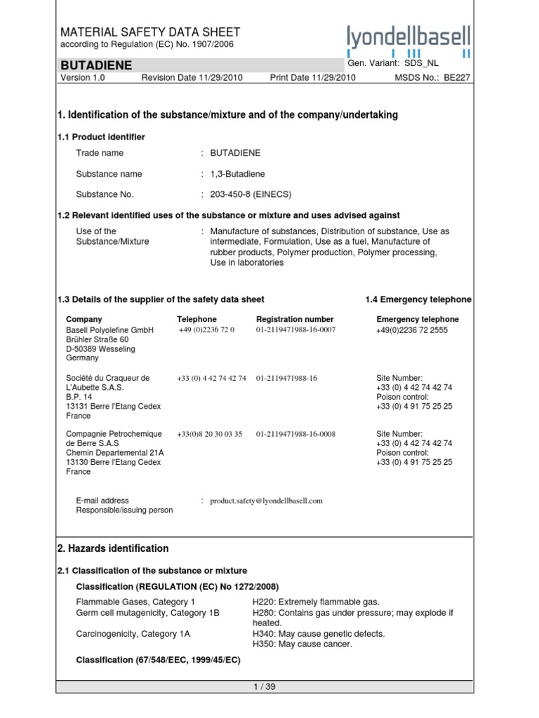 Butadiene: Material Safety Data Sheet | PDF | Toxicity | Personal ...